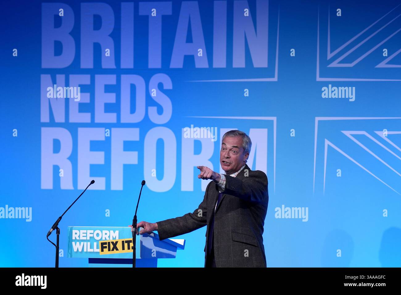 Reform UK leader Nigel Farage speaks during Reform UK's local election ...