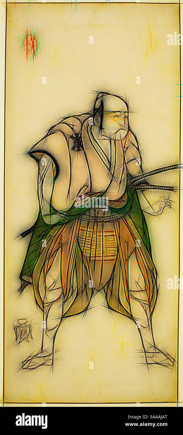 A stylized warrior stands poised, wielding a sword with a determined ...