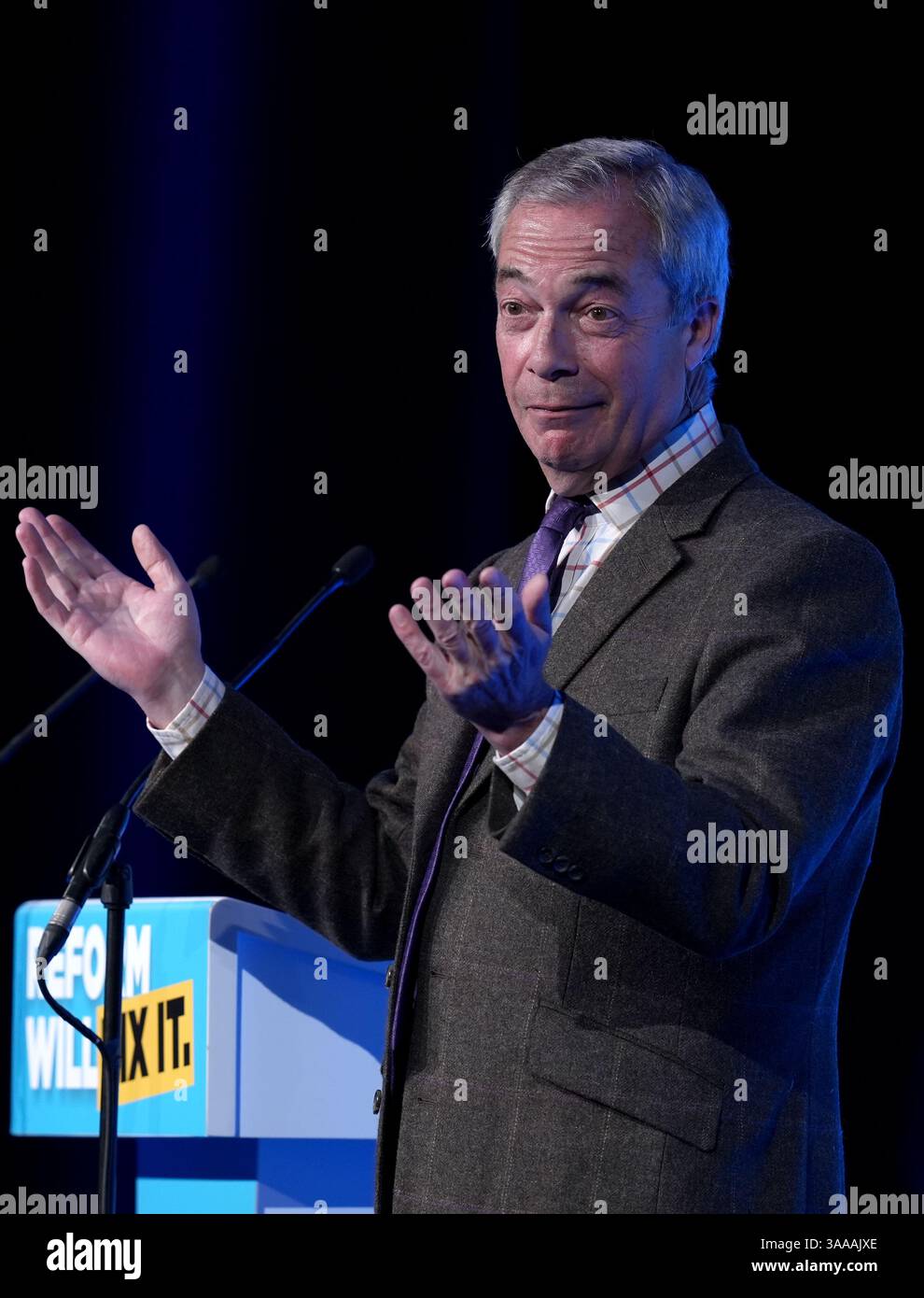 Reform UK leader Nigel Farage speaks during Reform UK's local election ...