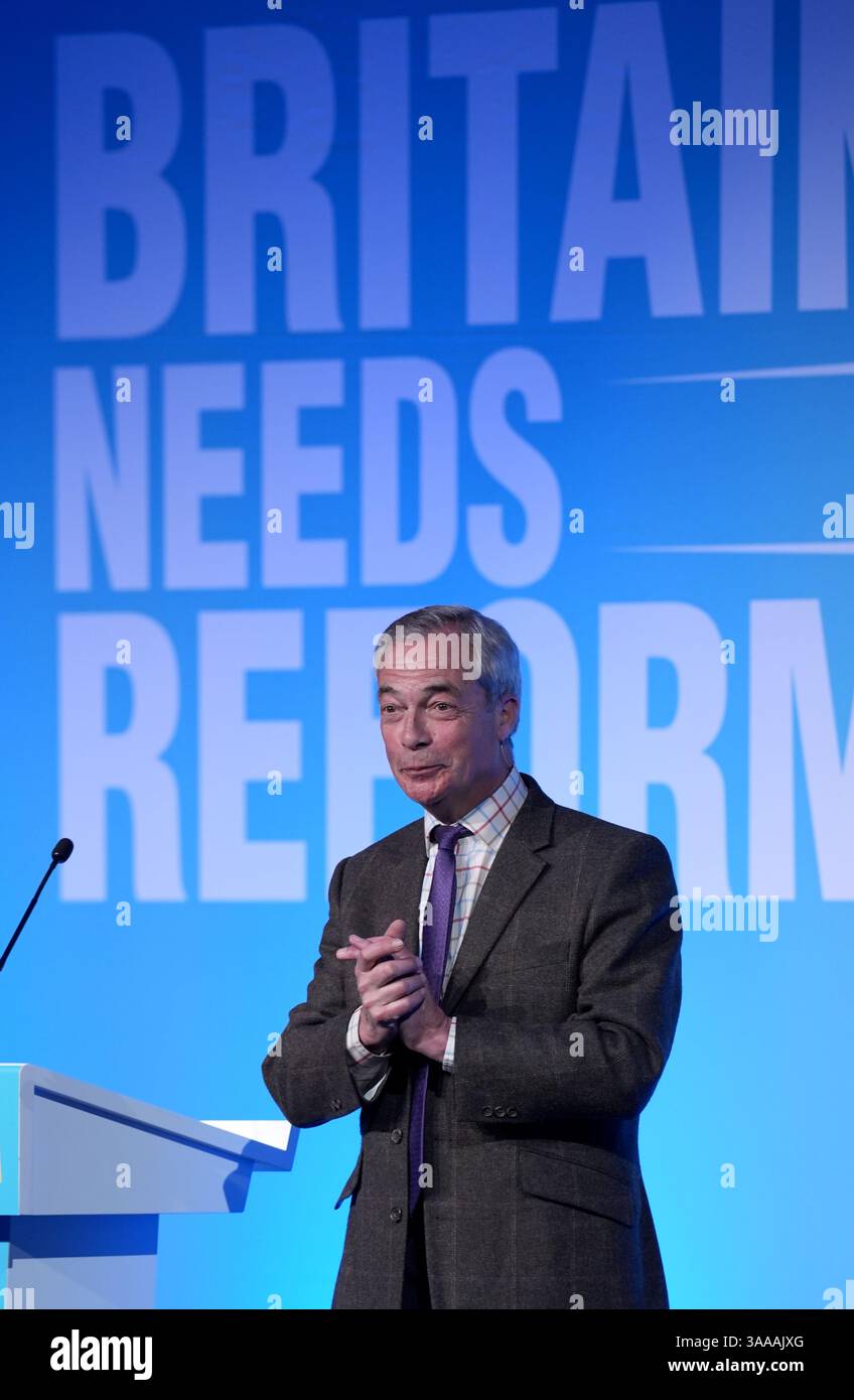 Reform UK leader Nigel Farage speaks during Reform UK's local election ...