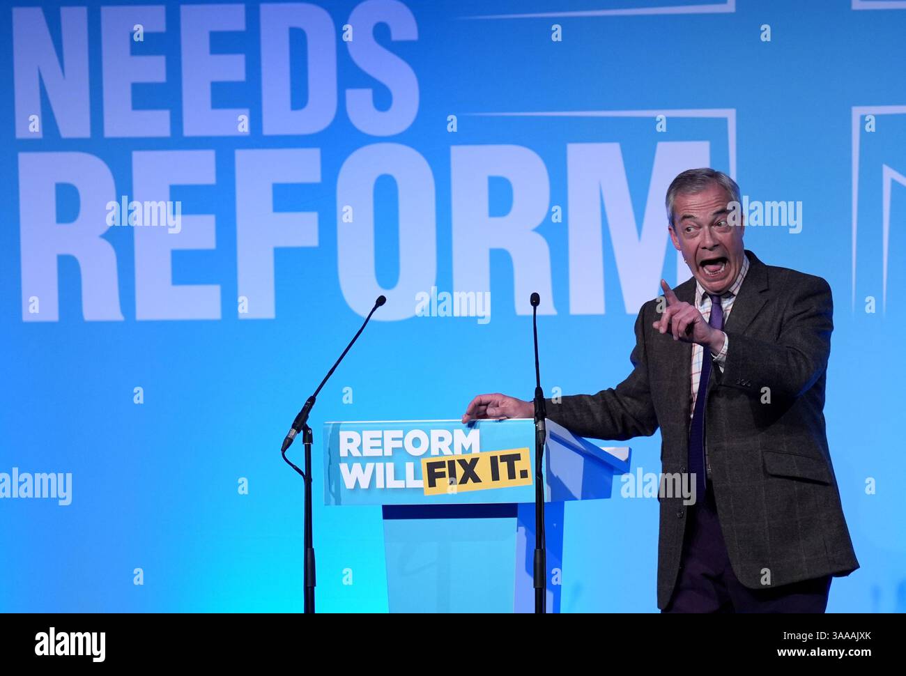 Reform UK leader Nigel Farage speaks during Reform UK's local election ...