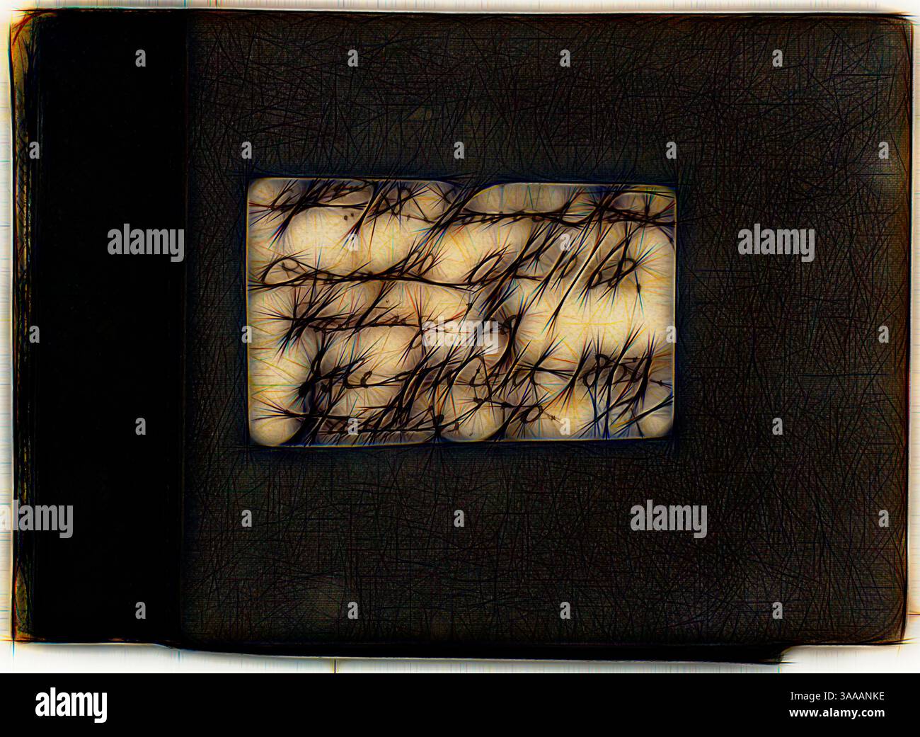 An old album with a textured cover featuring a window displaying ...