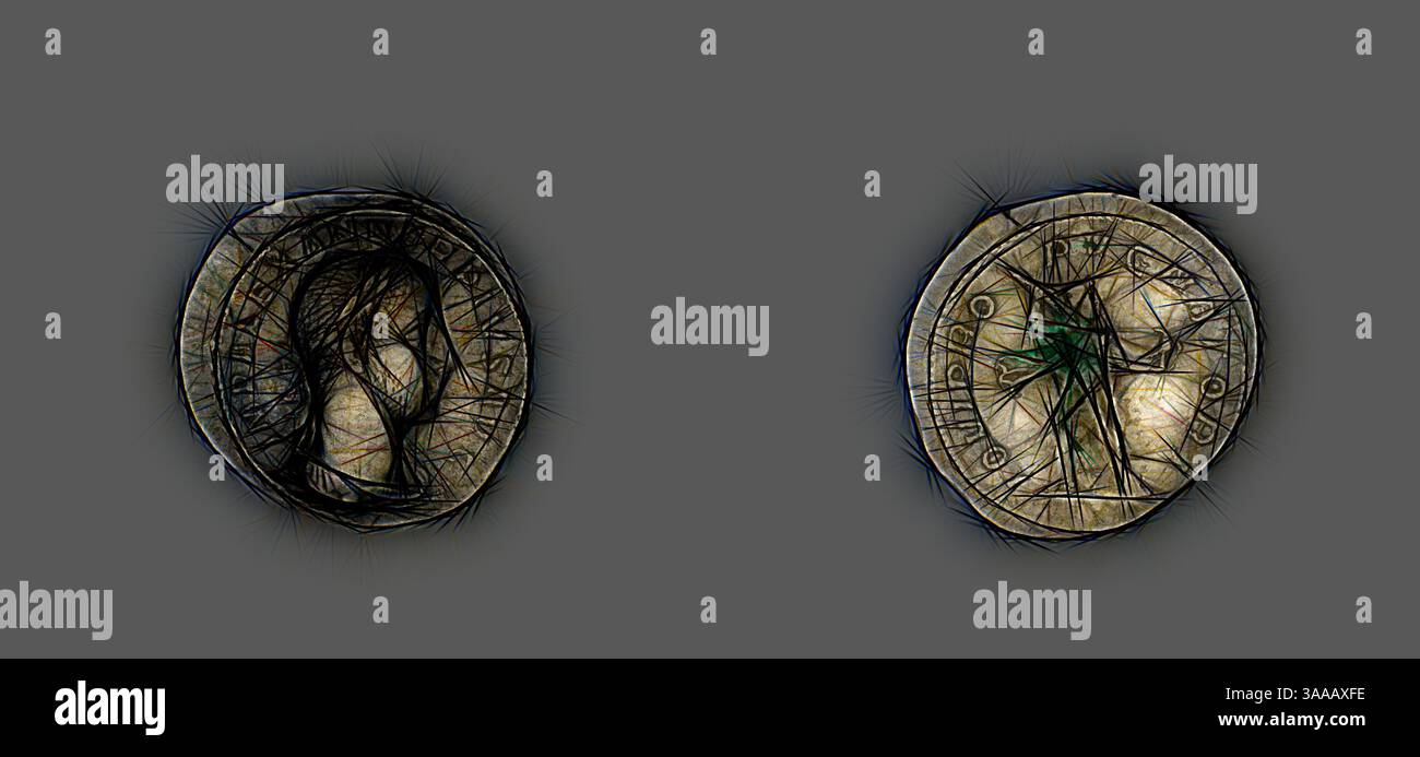 Two coins are displayed, each featuring intricate designs. The left ...