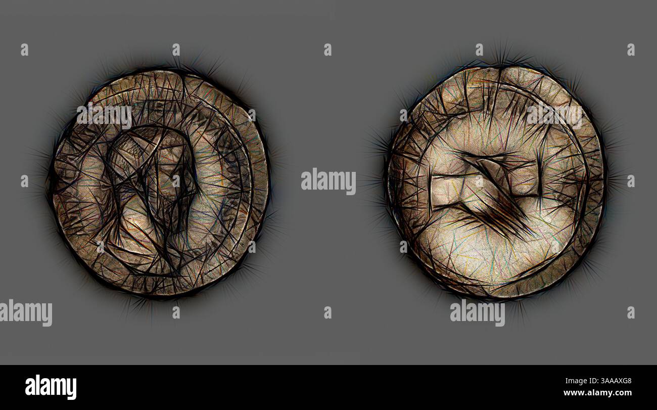 Two ancient coins are displayed, featuring intricate designs and ...
