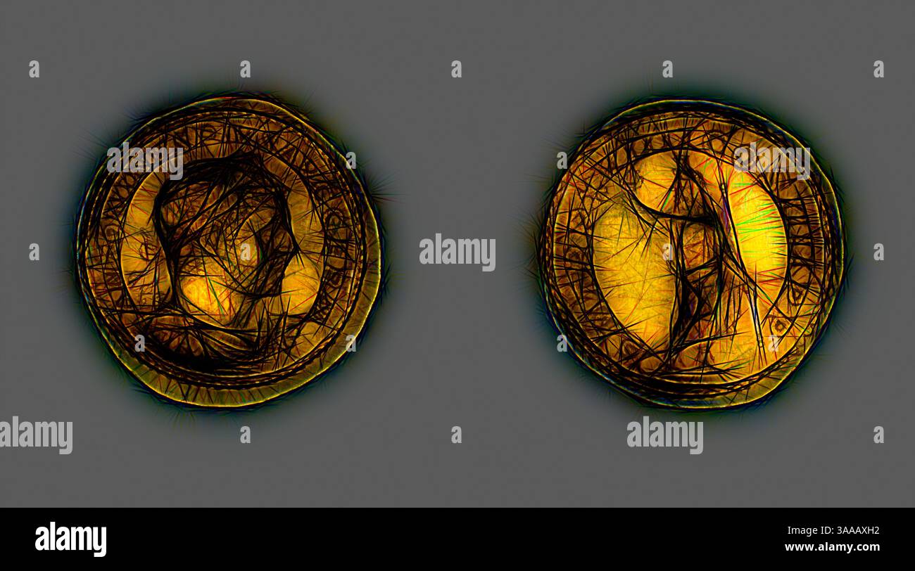 Two ancient coins displayed side by side, one featuring the profile of ...