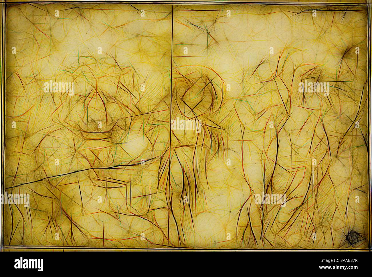 A stylized representation featuring abstract figures, including a lion ...