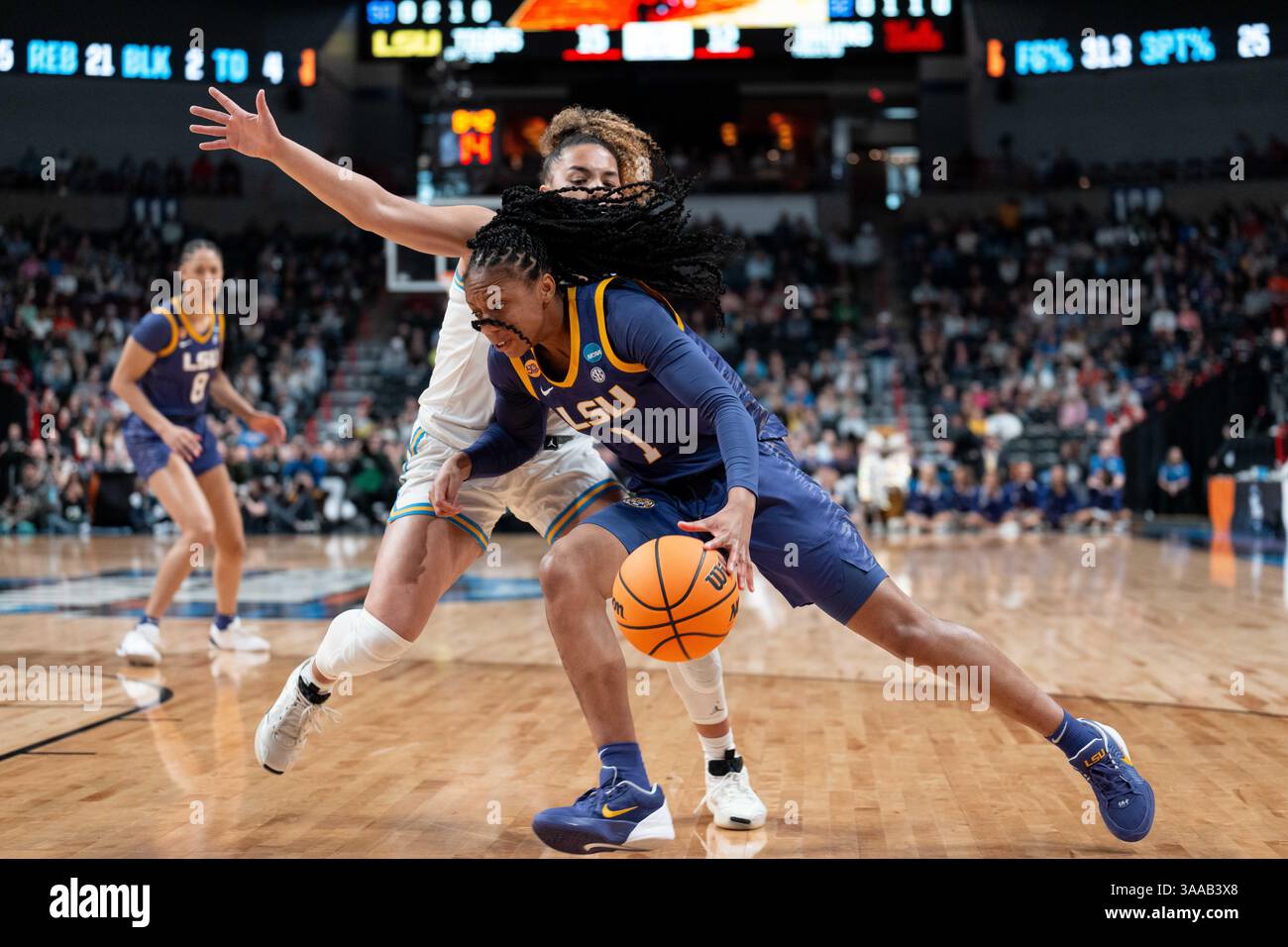 LSU Lady Tigers guard Mjracle Sheppard (1) drives past UCLA Bruins ...