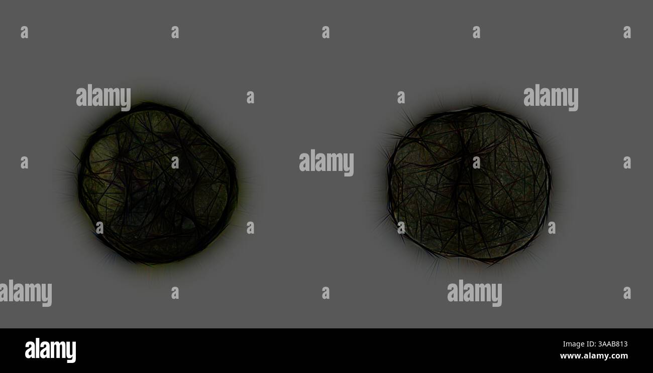Two spherical shapes are depicted, each with a textured surface and a ...