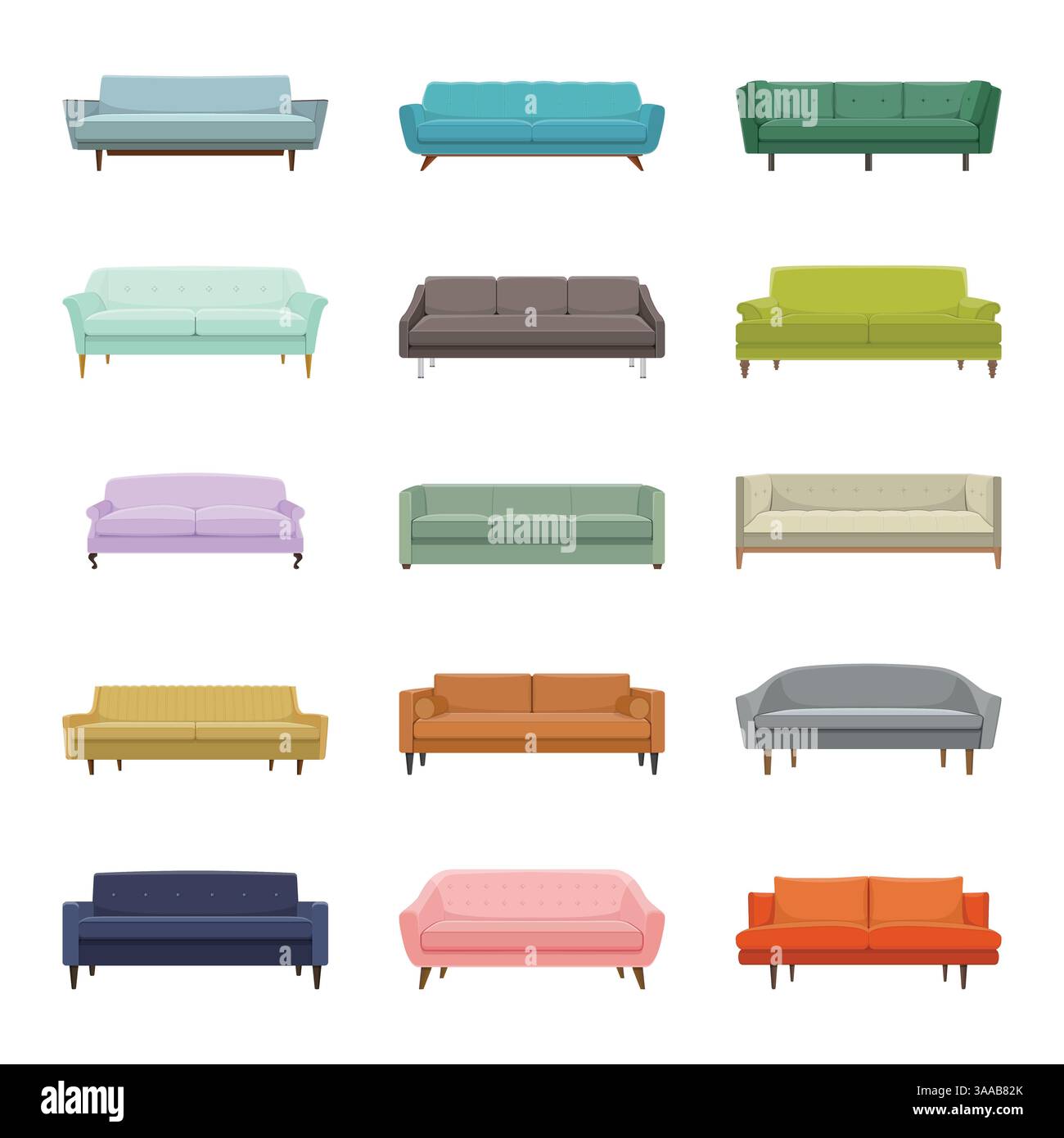 Set of fifteen vector sofas. Elements of interior. Modern flat design ...