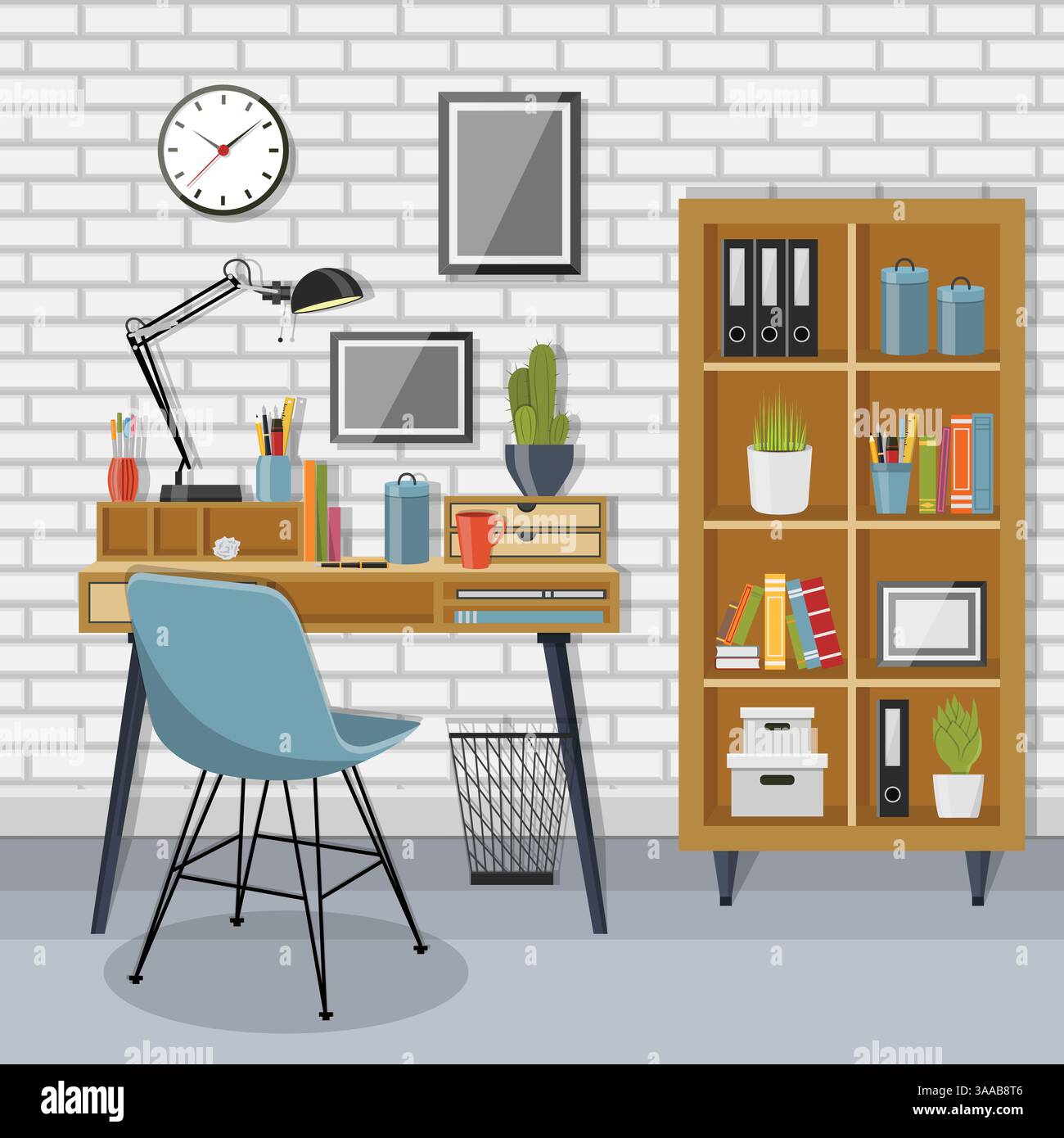 Illustration of modern workplace and shelving unit with gray brick wall ...