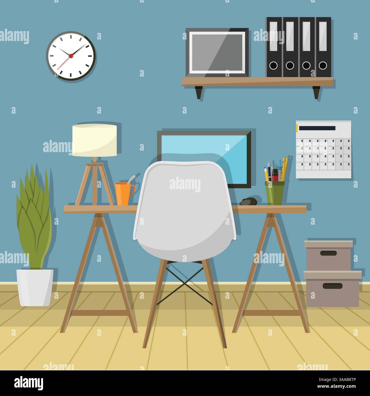 Illustration of modern workplace in room. Creative office workspace ...