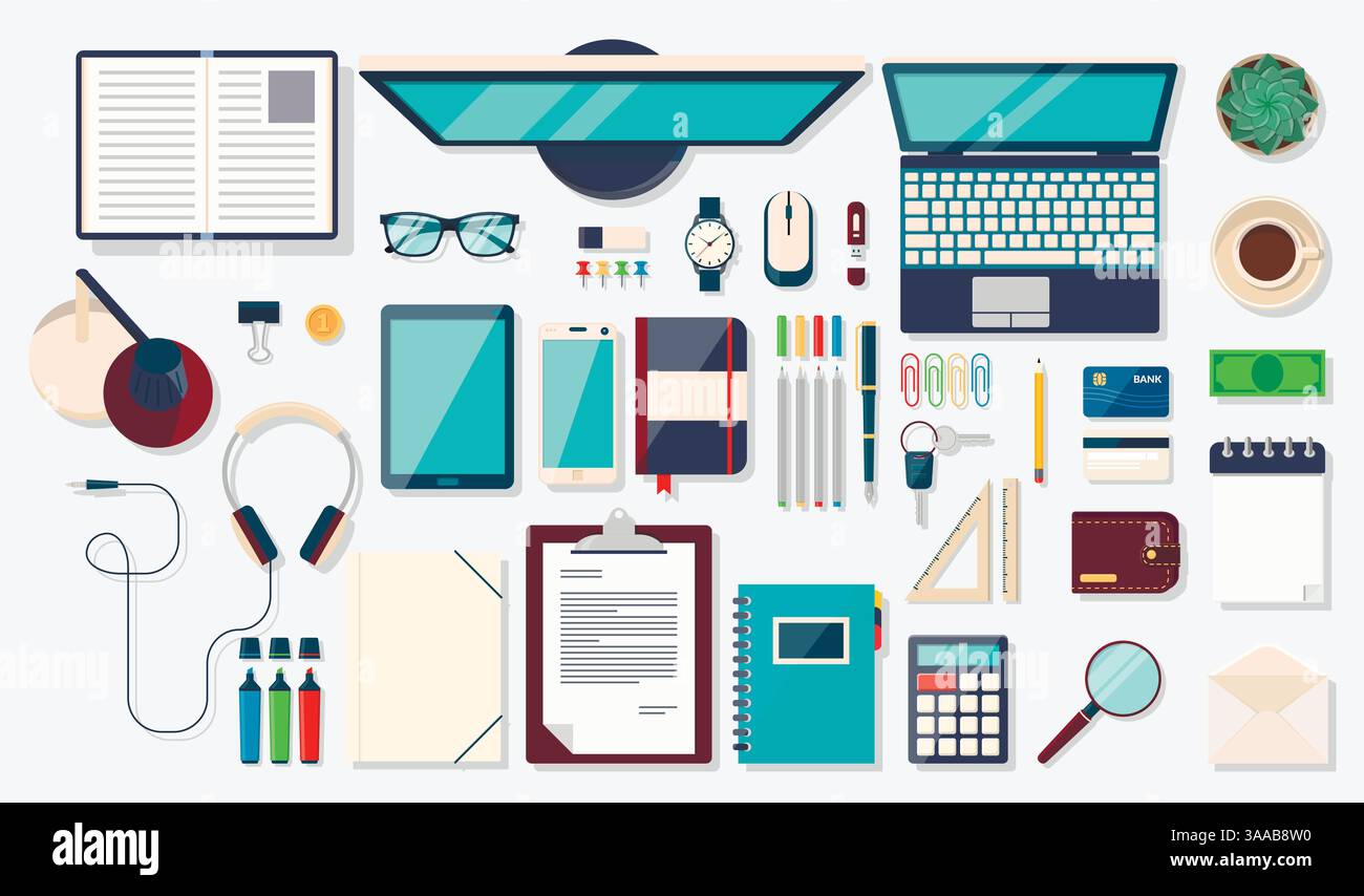 Workplace concept. Flat design modern vector illustration. Top view of desk background with ...
