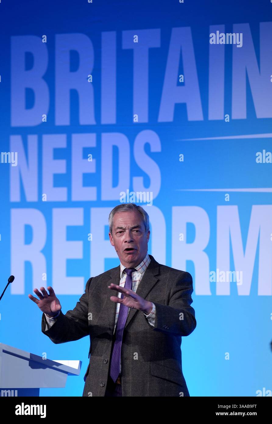 Reform UK leader Nigel Farage speaks during Reform UK's local election ...