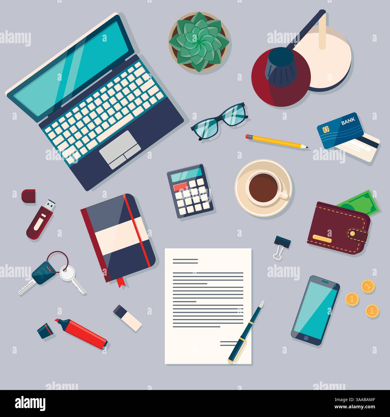 Workplace concept. Flat design modern vector illustration. Top view of desk background with ...
