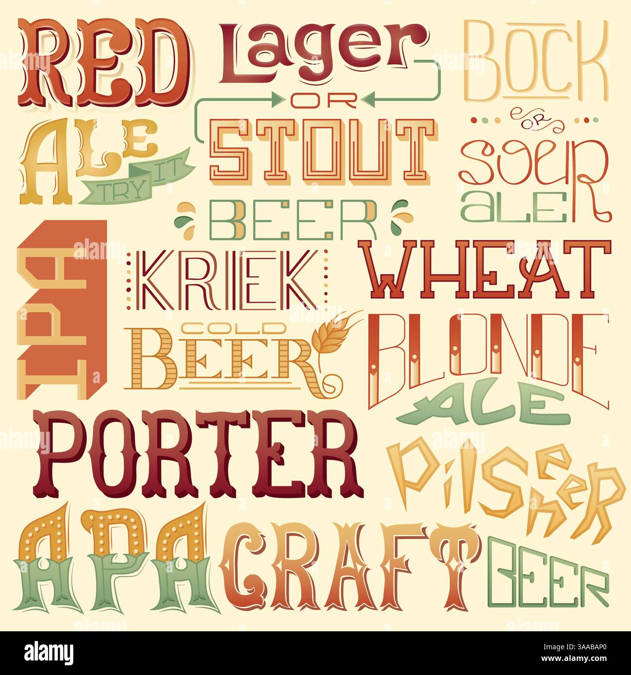 Types of beer. Hand drawn lettering for bar, pub, cafe, fest and party ...