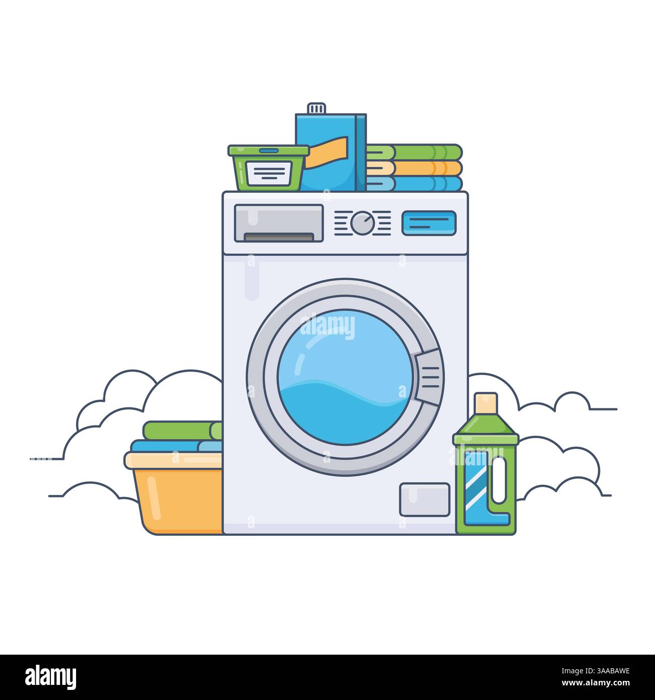 Laundry room service vector illustration. Working washing machine ...