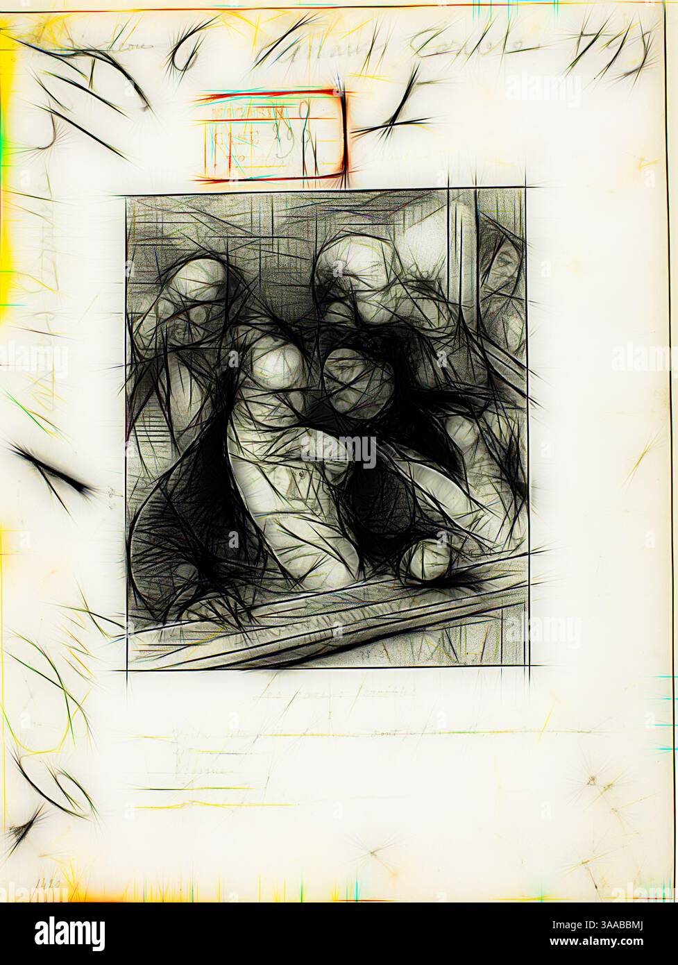 An abstract depiction of figures huddled together, conveying a sense of ...