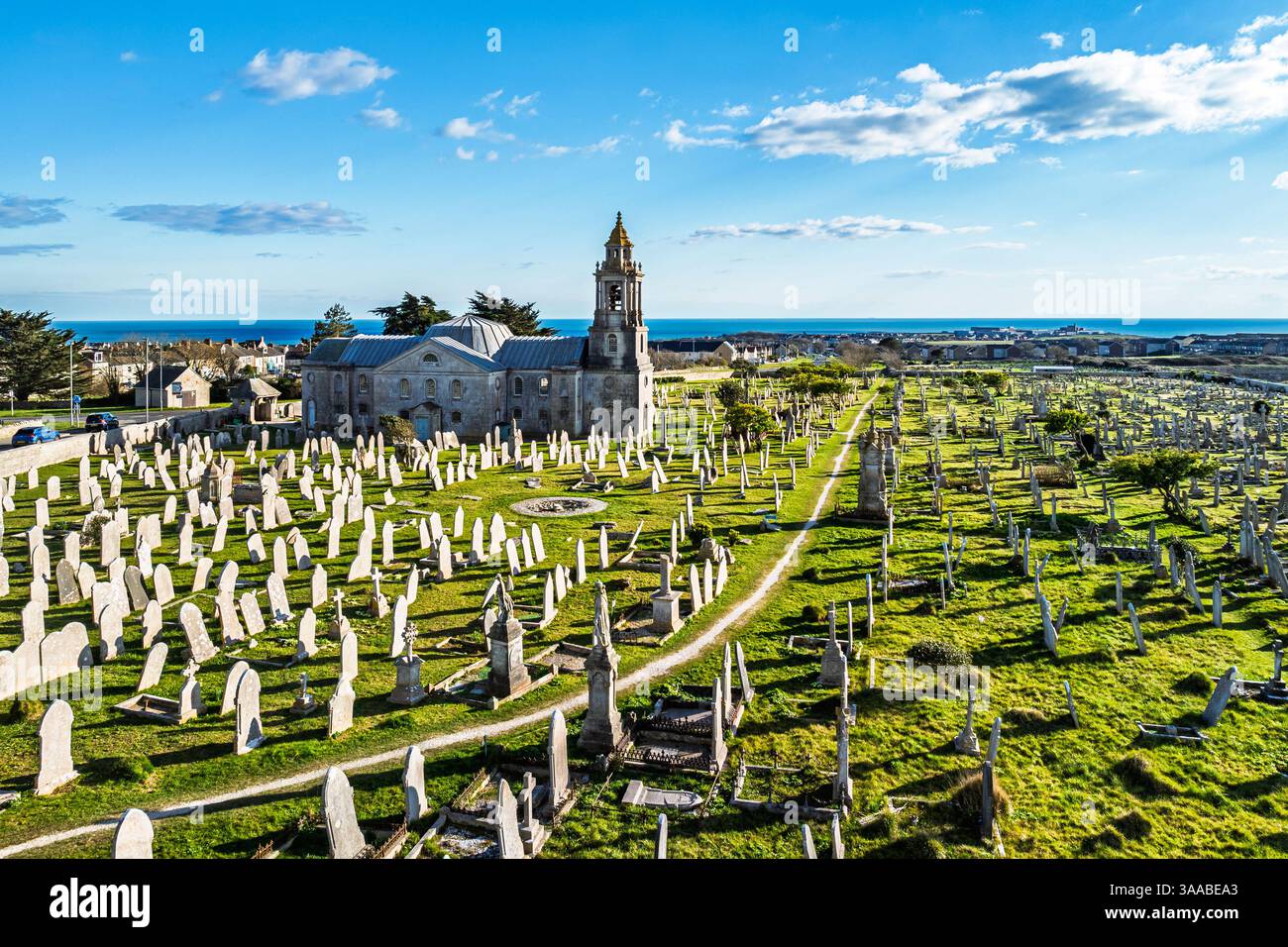 St George's Church and Cemetery from a drone, Reforne, Portland, Dorset ...