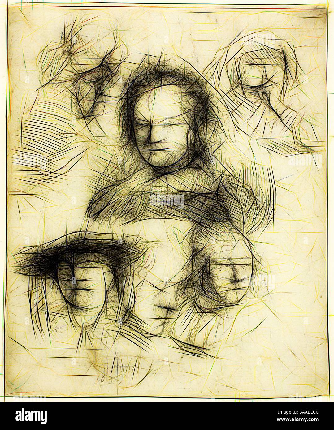 An abstract composition featuring stylized, fragmented portraits, each ...