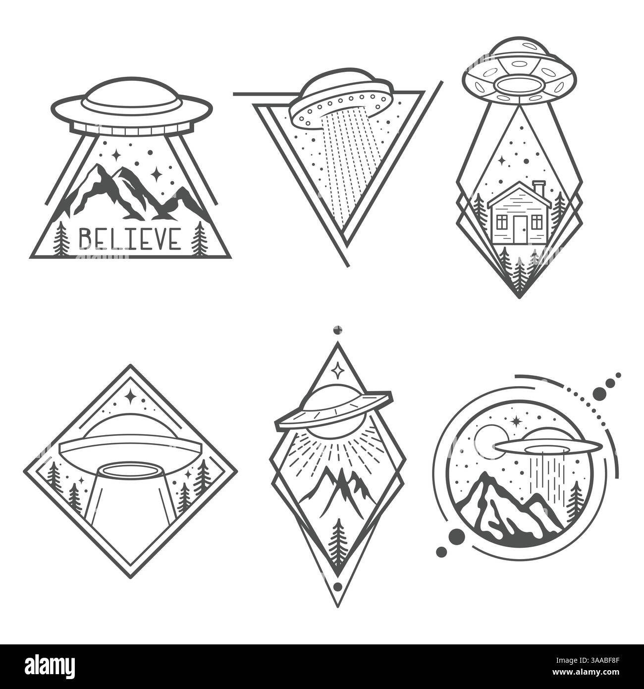 Set of six UFO vector emblems, labels, badges or logos. Mystical symbol ...