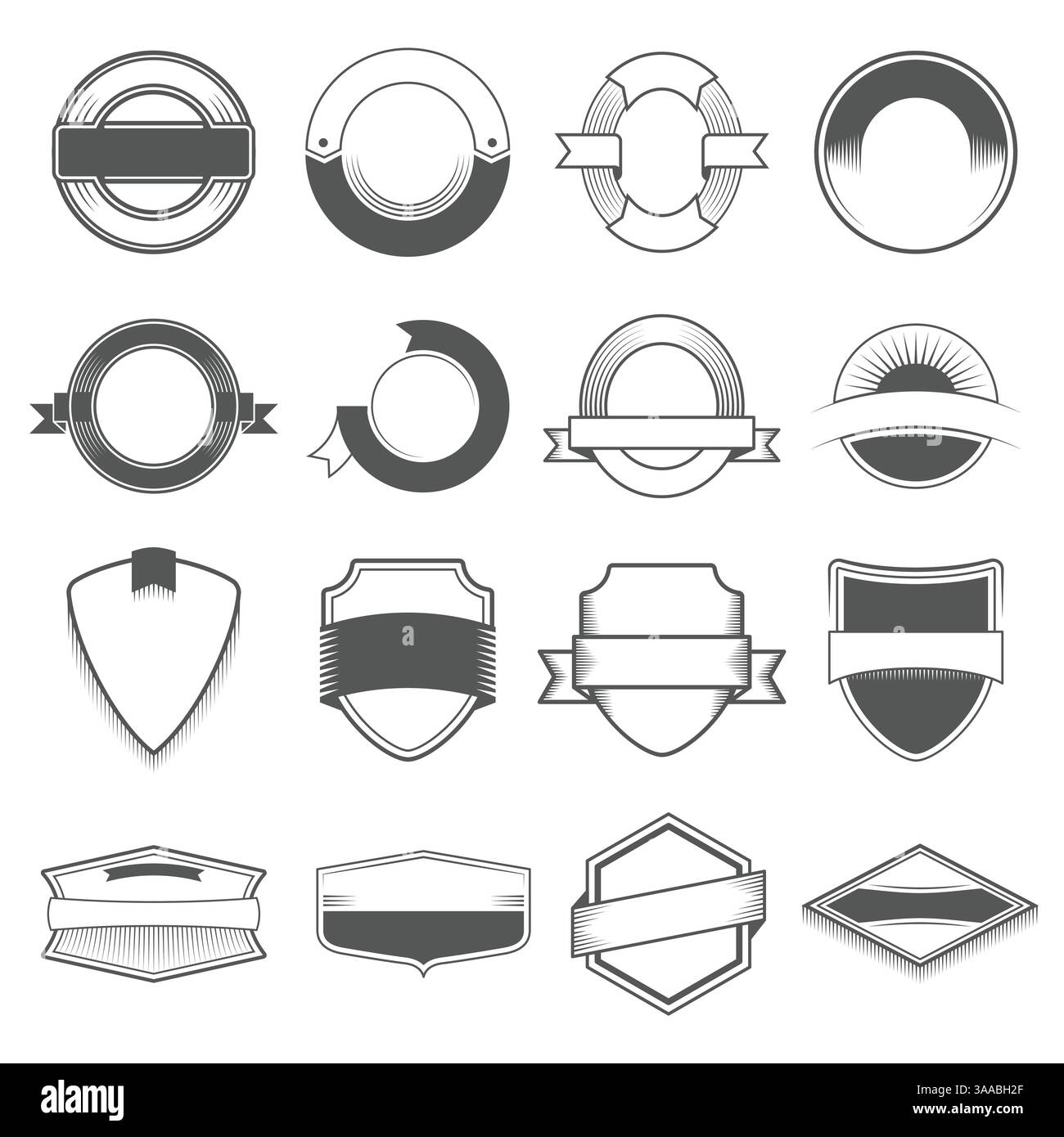 Set of sixteen badges, logos, borders, ribbons, emblem, stamp, and ...