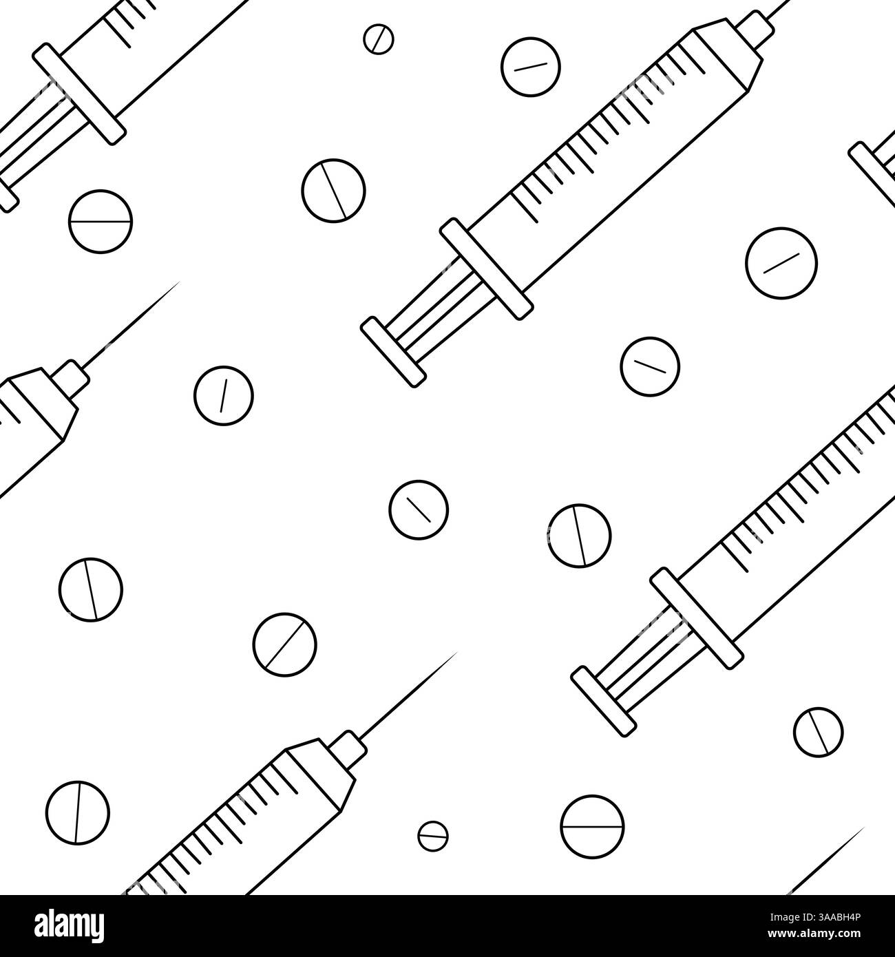 Medical pills and syringes seamless pattern. Outline syringe and pills ...
