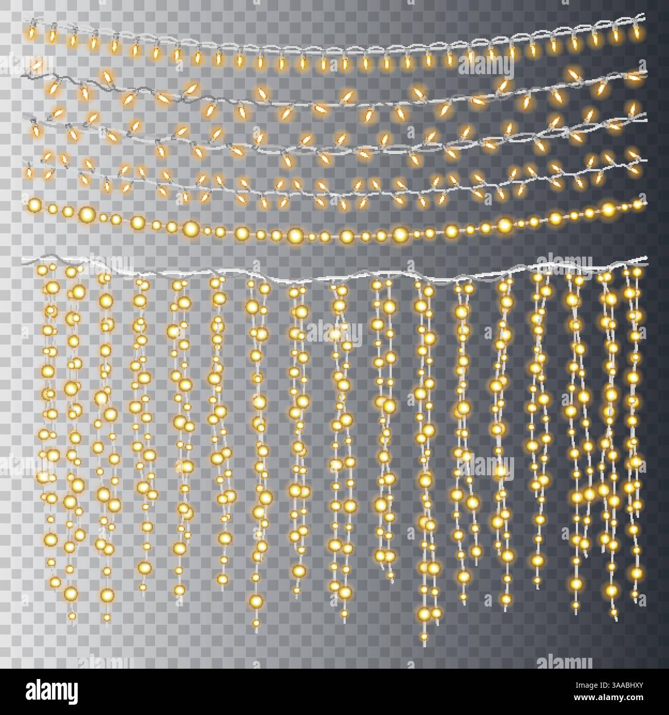 Set of vertical and horizontal garland lights. Glowing christmas lights ...