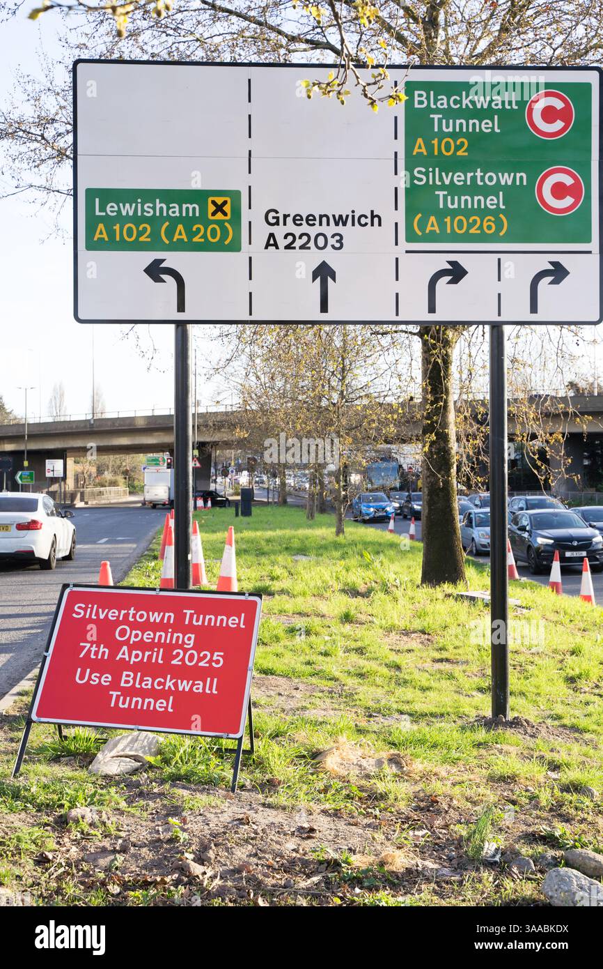London, UK 31st March 2025. road traffic signs for silvertown tunnel ...