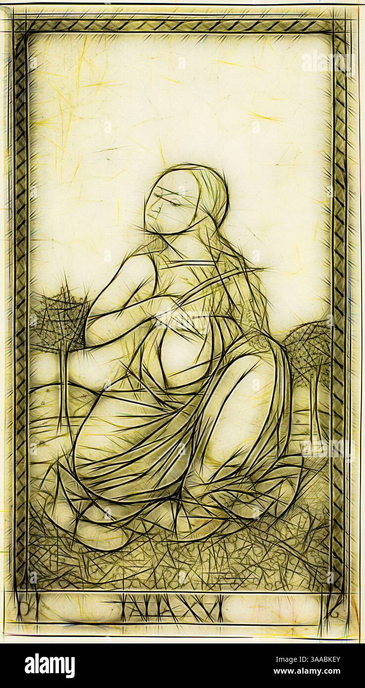 A stylized figure with long hair is seated gracefully, draped in ...