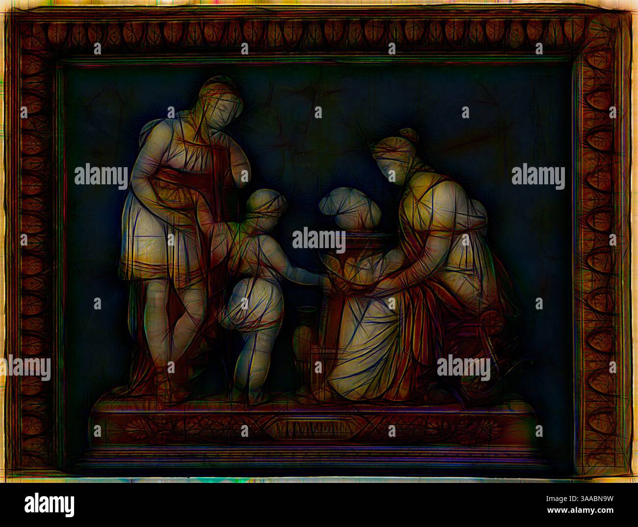 A group of figures is depicted in a tender scene, with two women and a ...