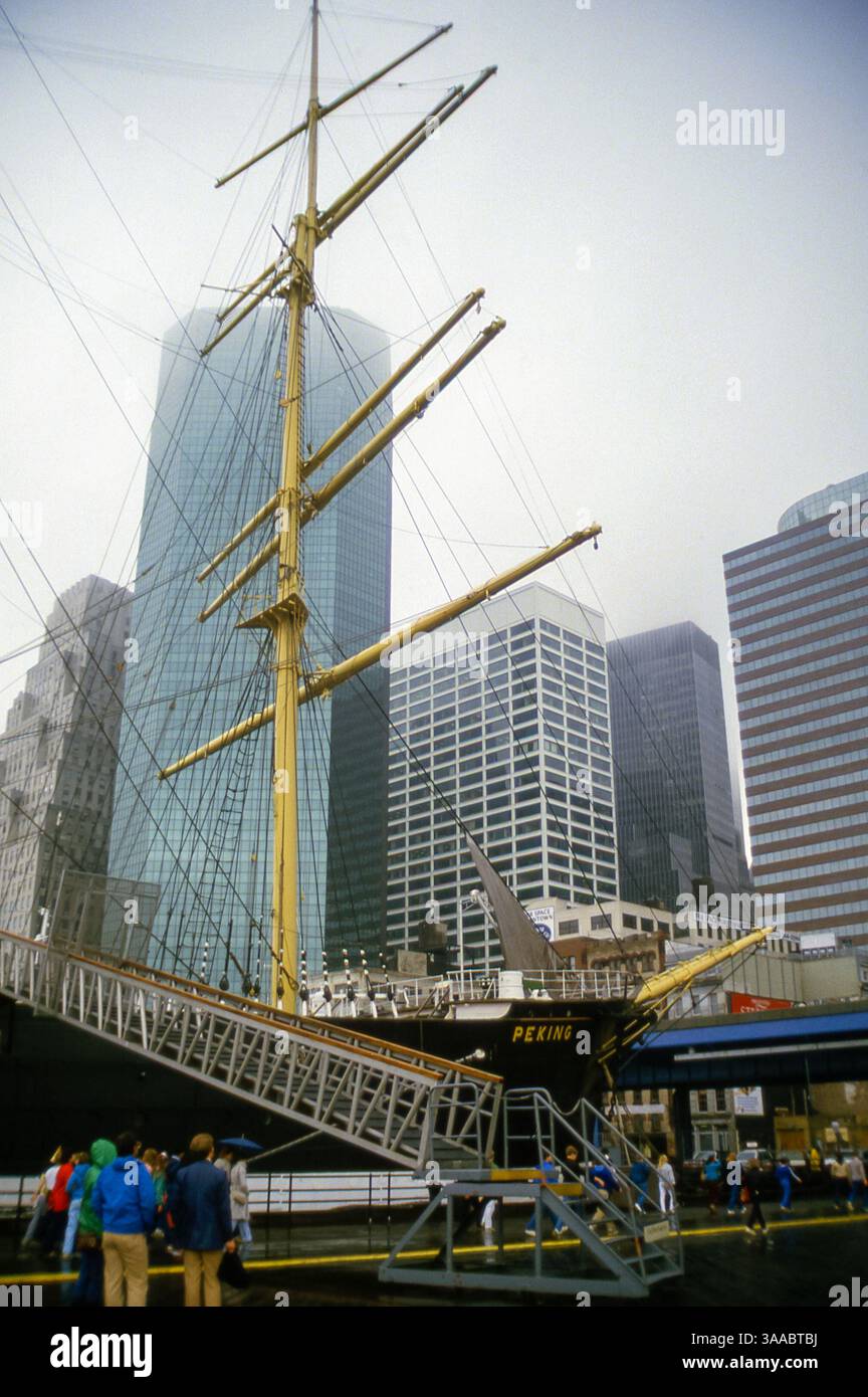 Lower Manhattan in mid eighties. Pier 16 near Fulton Market with a ...