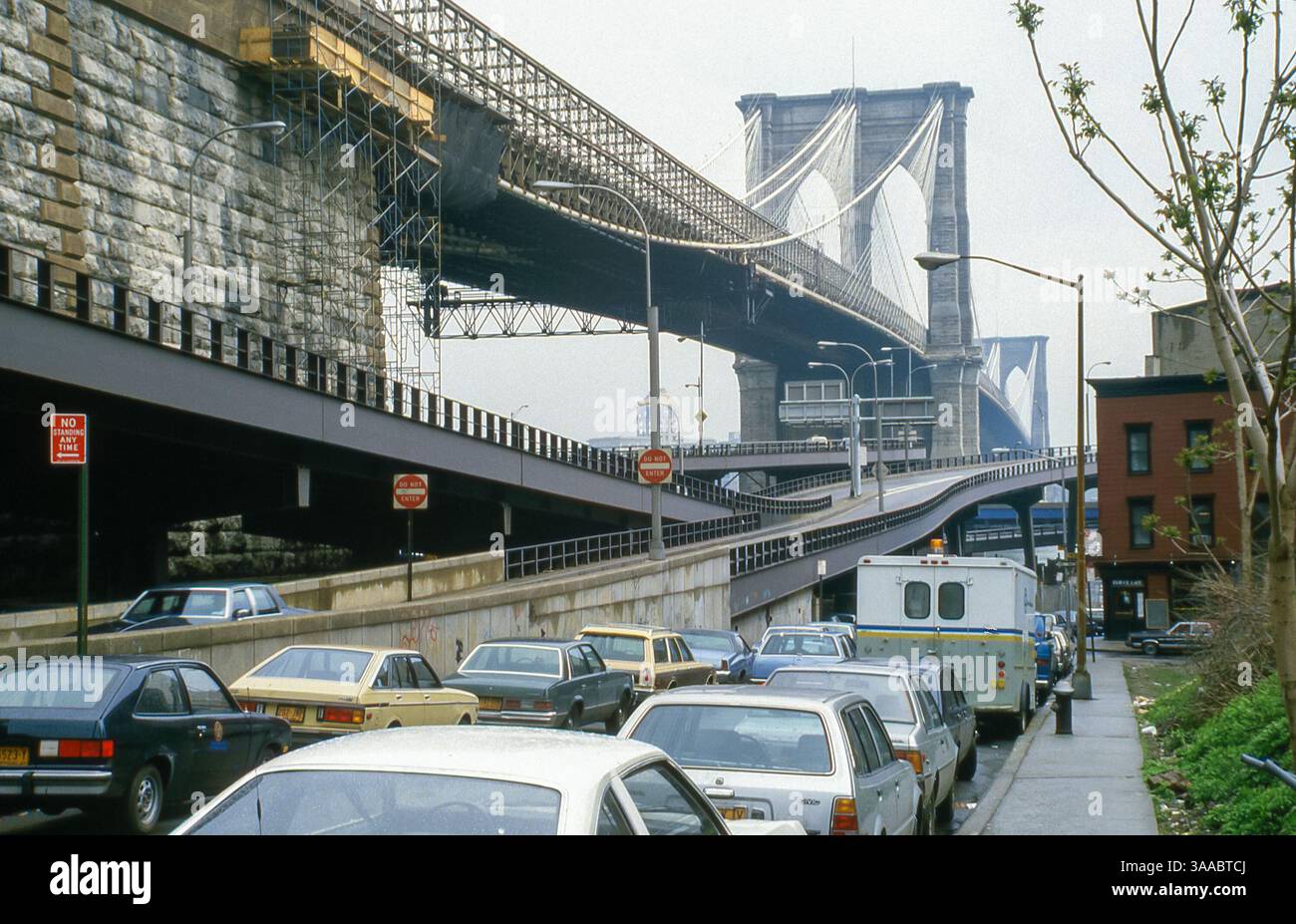 Iconic view of Brooklyn Bridge from Dover Street in Lower Manhattan in ...