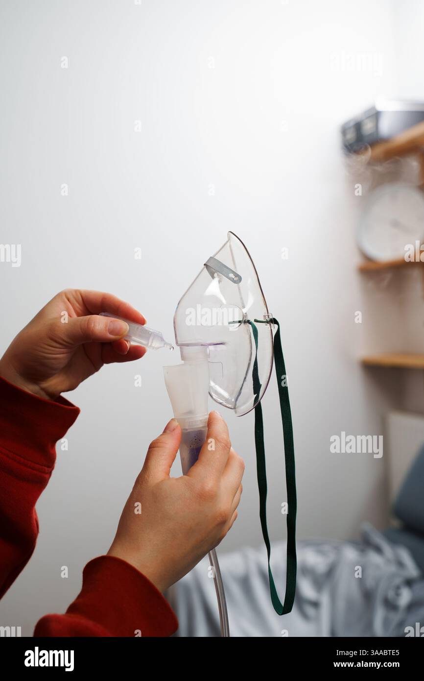 Process of preparing compressor nebulizer before use at home. Dripping ...