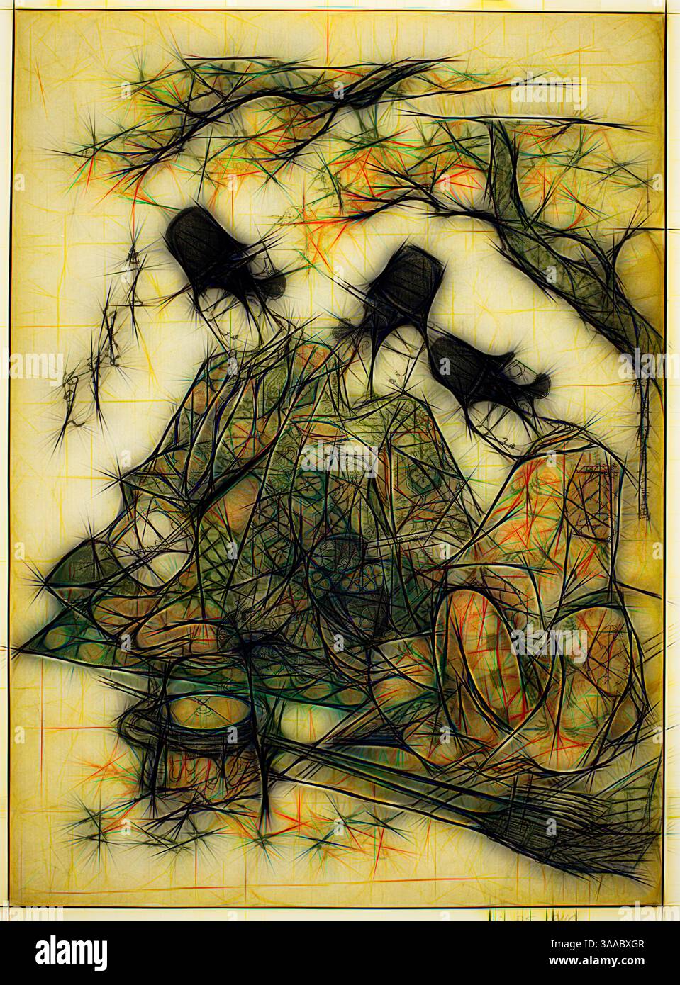 A tranquil scene depicts three figures seated beneath a leafy tree ...