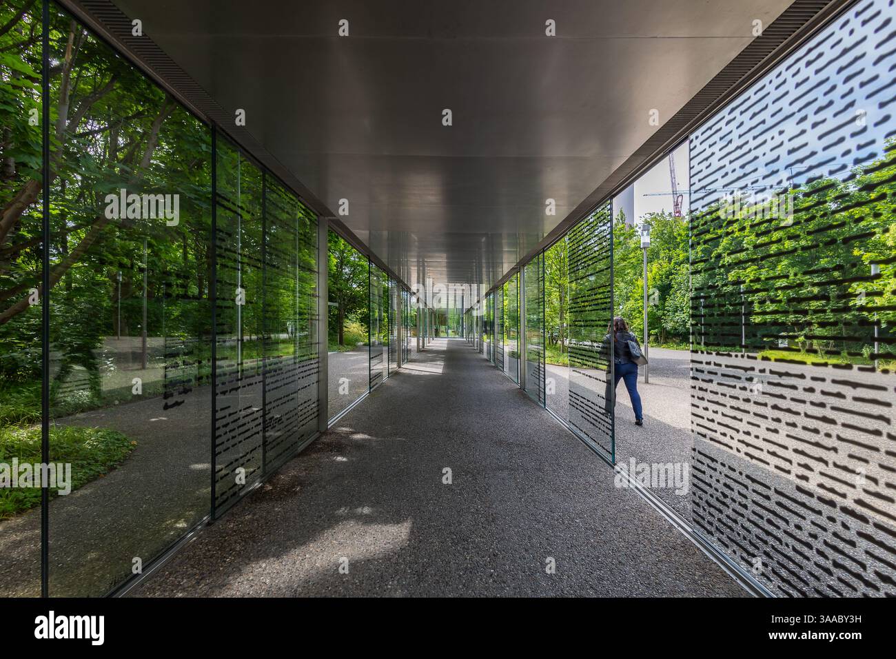 Basel, Switzerland - 04 June 2024: The glass corridor to the entrance ...