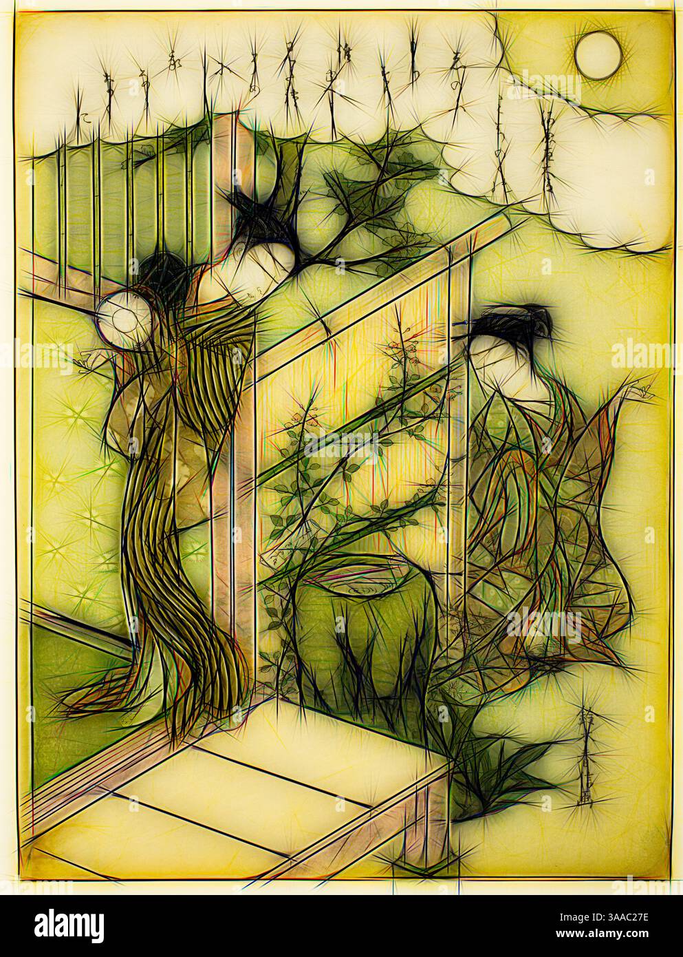 Two figures in traditional attire are depicted in a serene setting ...