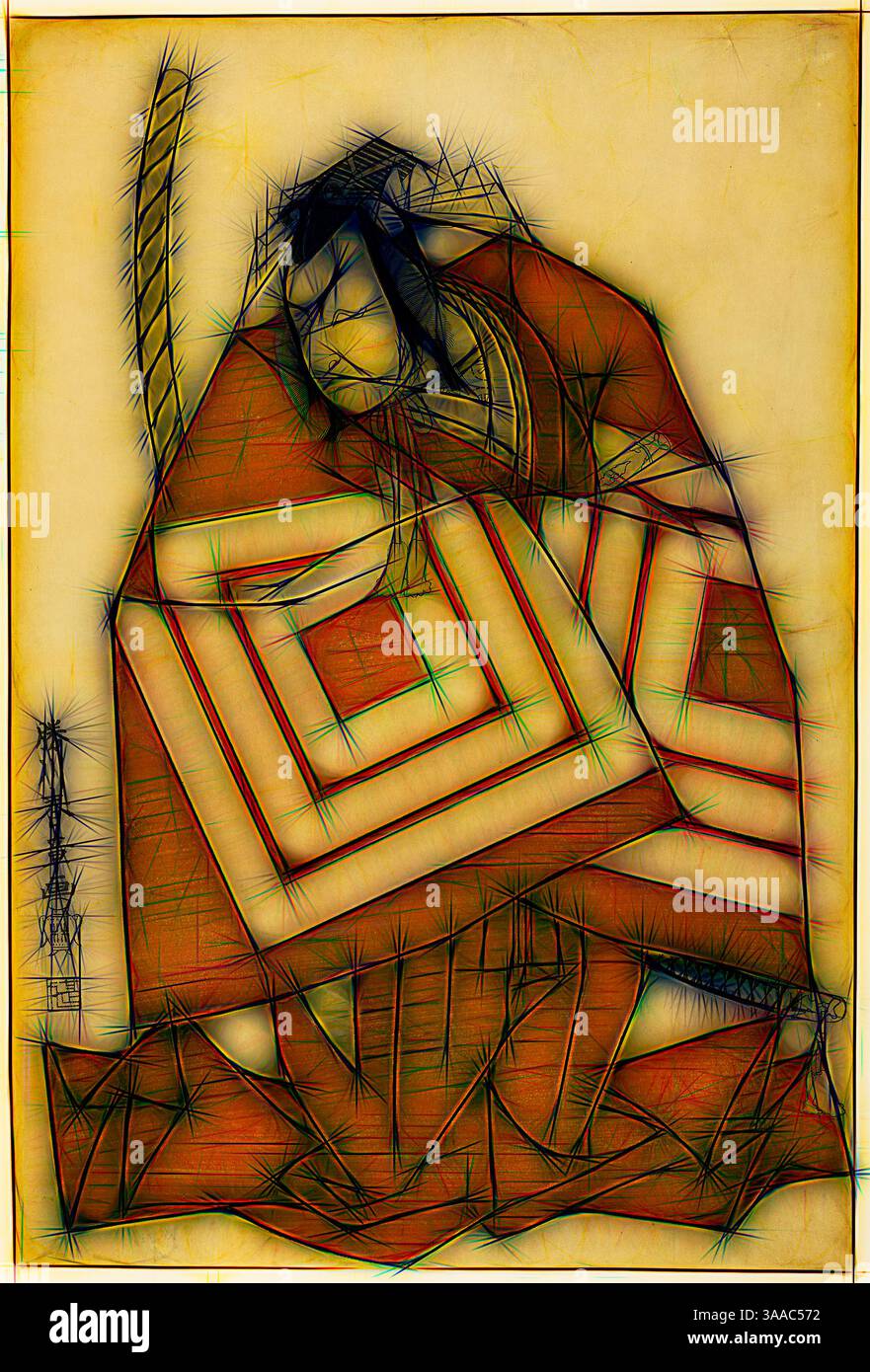 A stylized depiction of a figure wrapped in intricate patterns and ...