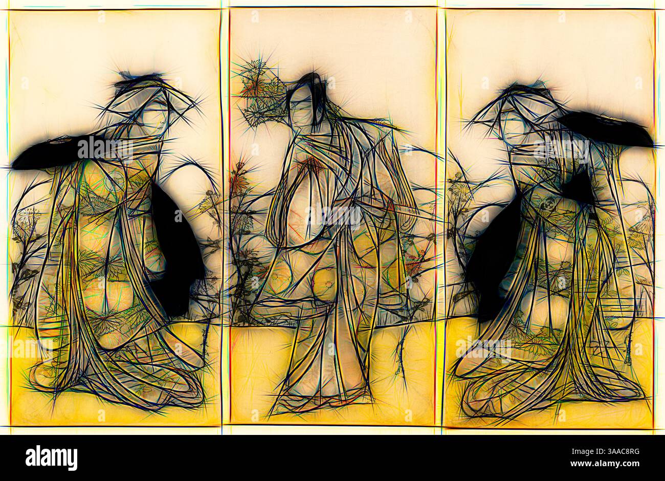 Three elegantly dressed figures are depicted in a stylized composition ...