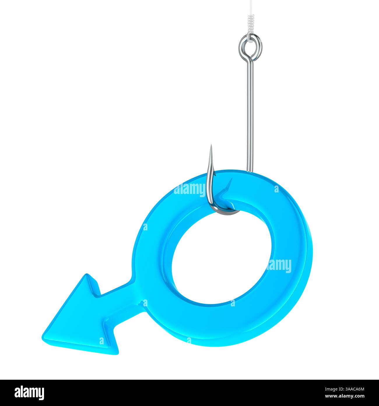Fishing hook with blue male gender symbol, 3D rendering isolated on ...