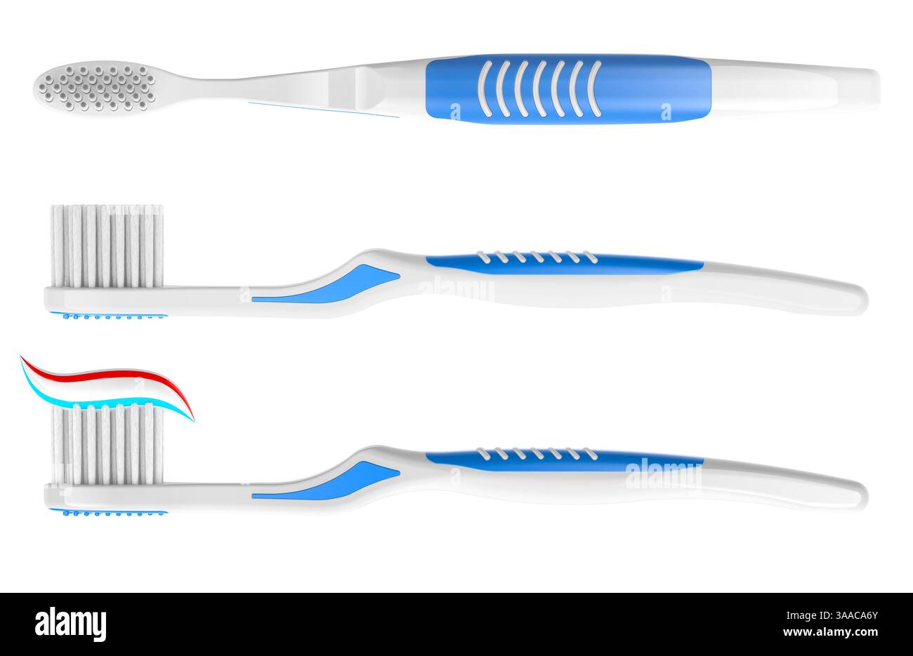 Toothbrushes with toothpaste and without. Toothbrushes, front and side ...