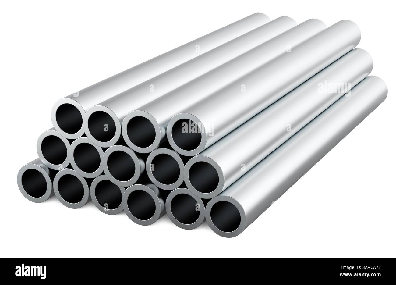 Steel pipes, stack of stainless, steel round pipes. 3D rendering isolated on white background ...