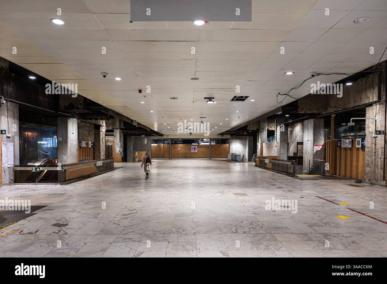 Almost empty hallway of the tram public transportation hub at Brussels ...
