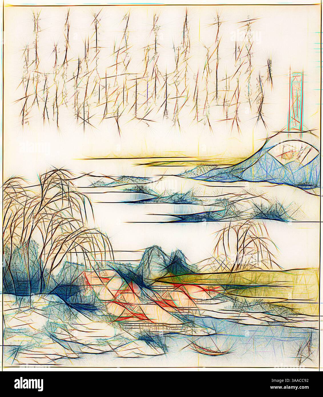 A serene landscape featuring abstract, angular trees and rolling hills ...