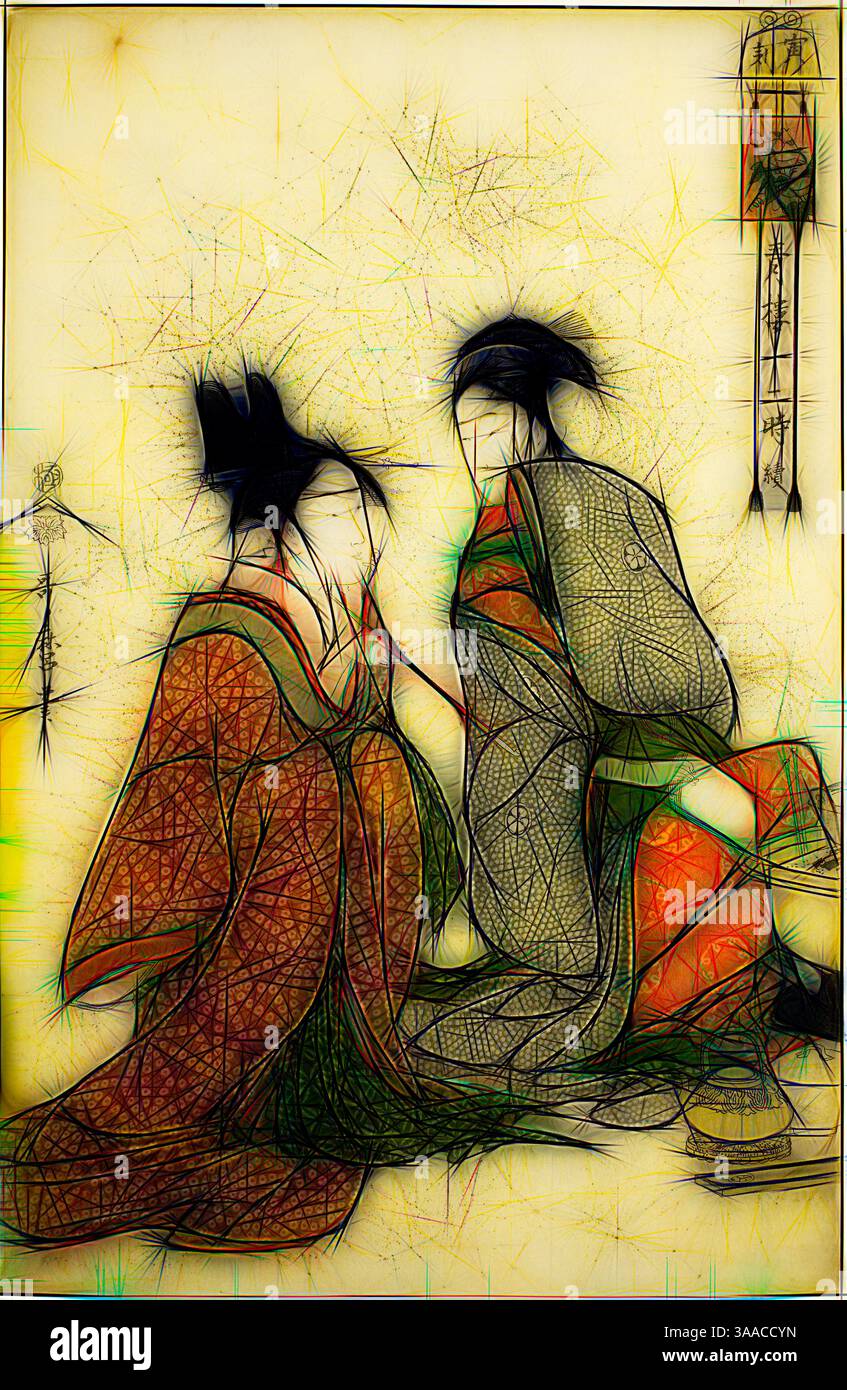 Two figures dressed in traditional Japanese attire are depicted in a ...