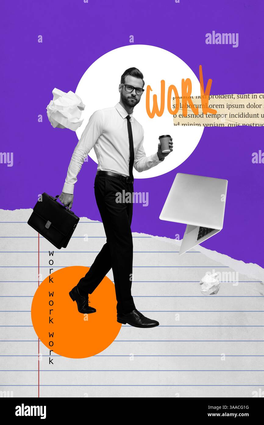Pop collage of young man worker go with bag coffee cup netbook on ...