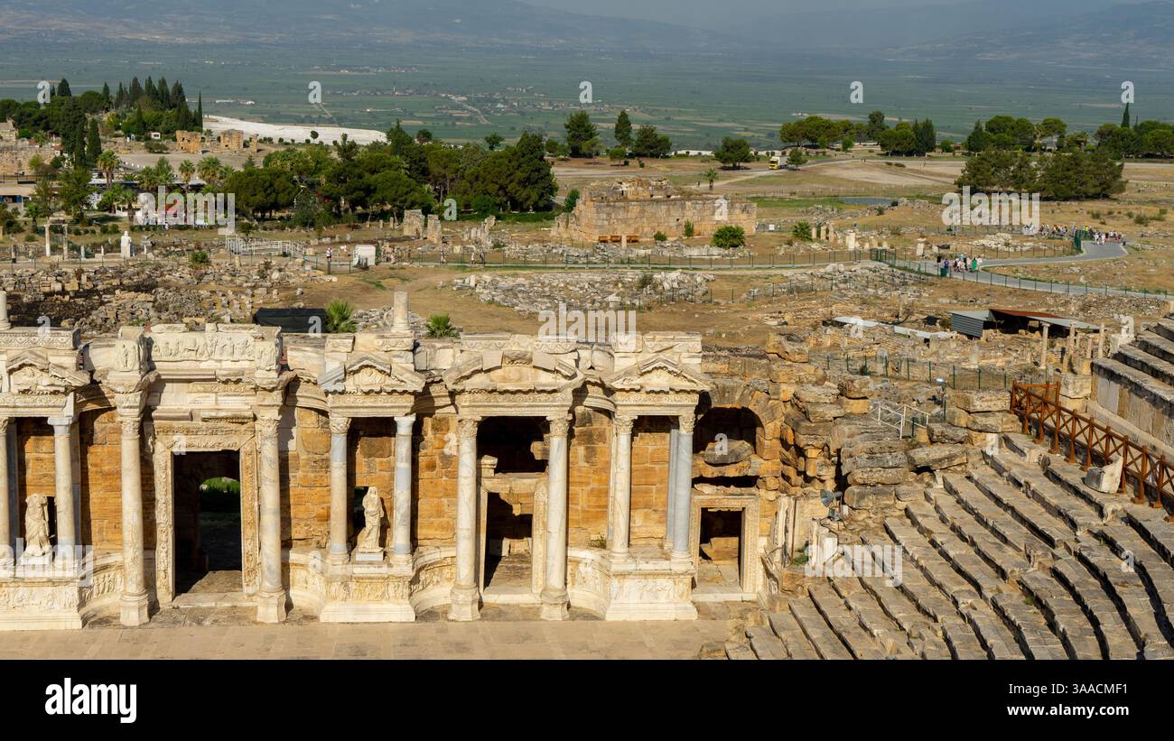 Sculptures in amphitheater in ancient city Hierapolis near of Pamukkale ...