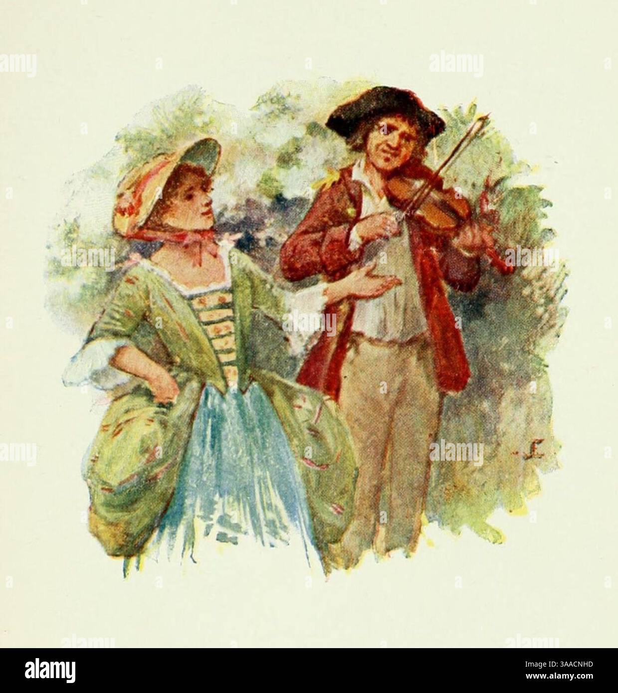 Illustration of couple, man playing a fiddle, by John Eyre R.B.A., R.I ...