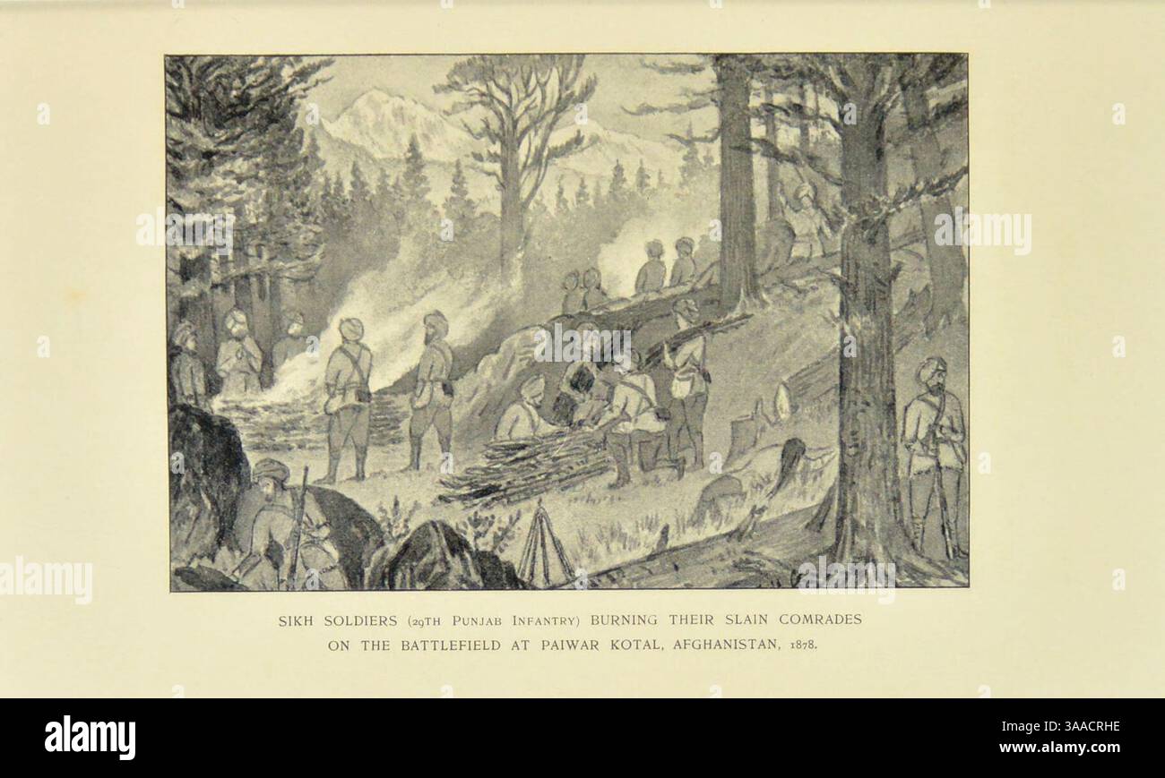 Illustration titled 'Sikh soldiers (20th Punjab Infantry) burning their ...