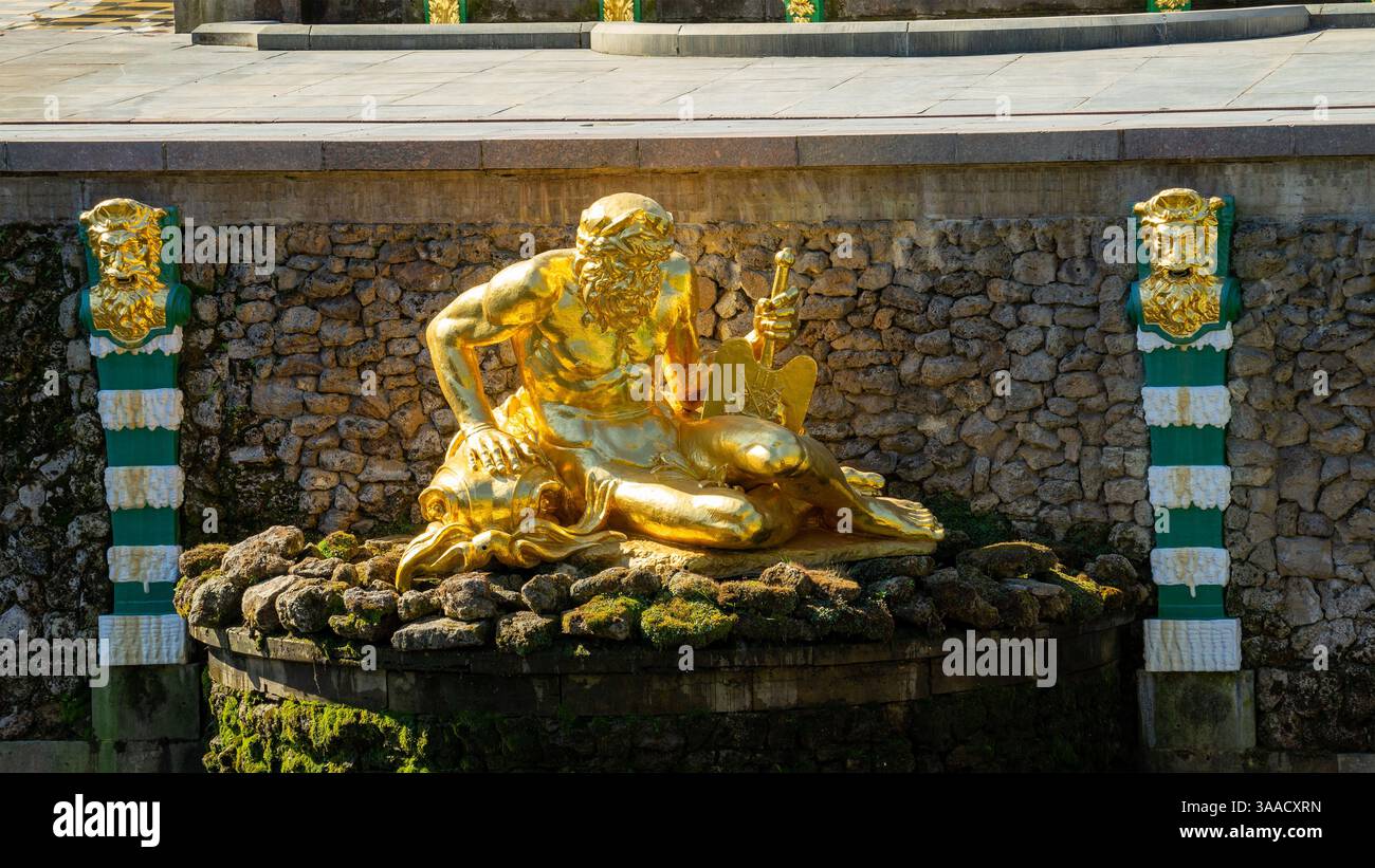 Volkhov statue without water close-up at base of Grand Cascade fountain ...