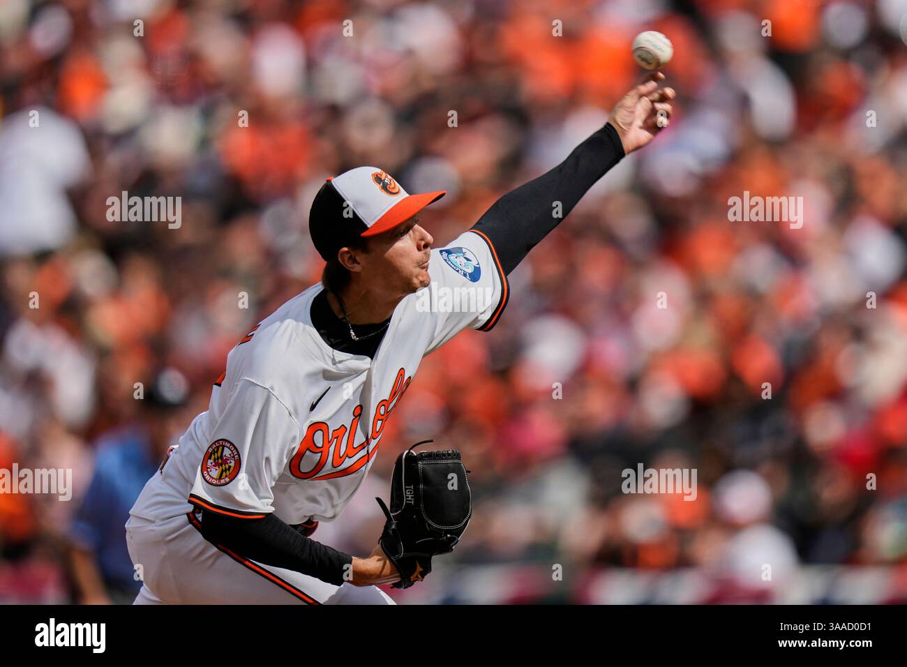 Baltimore Orioles starting pitcher Cade Povich delivers during the ...